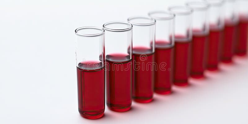Multiple Test Tubes with Dark Red Liquid Aligned on White Background ...