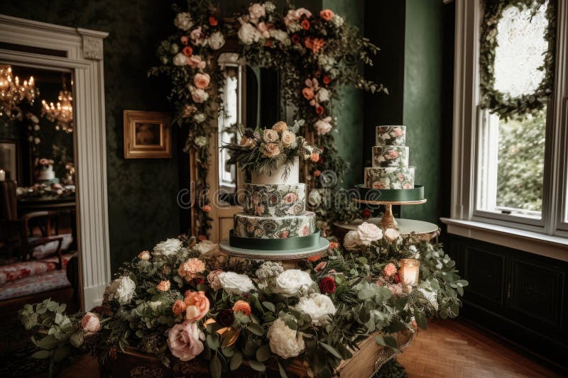 Multiple Tier Wedding Cake Surrounded by Greenery and Flowers Stock ...