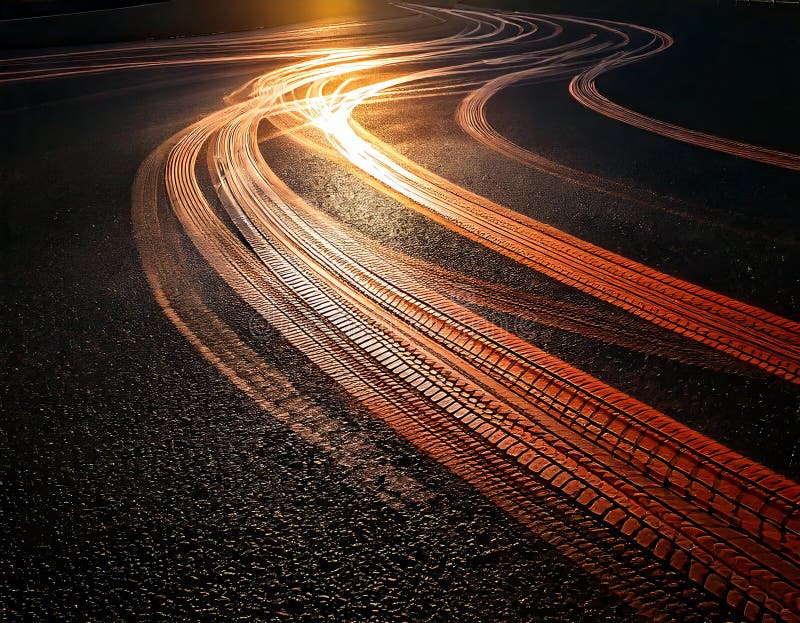 Multiple Tire Tracks Curving on a Wet Asphalt Road Surface at Sunset ...