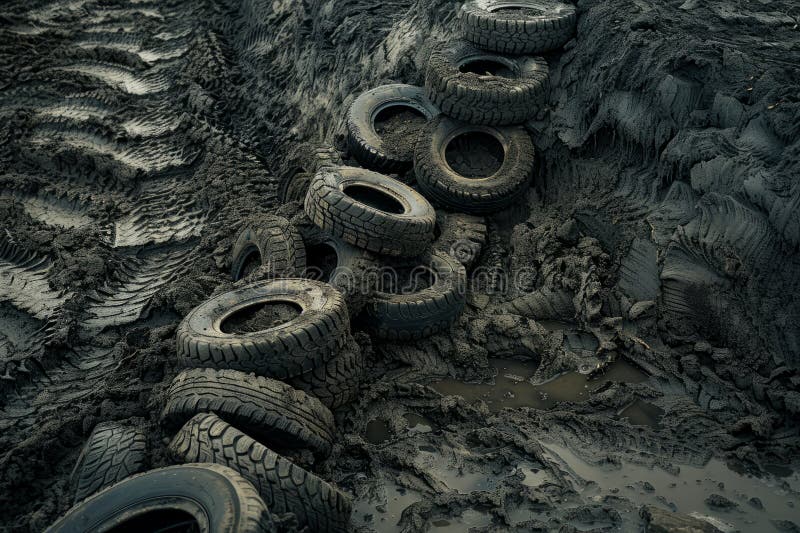 Multiple Tires are Stacked in Layers within the Mud, Creating a Dynamic ...