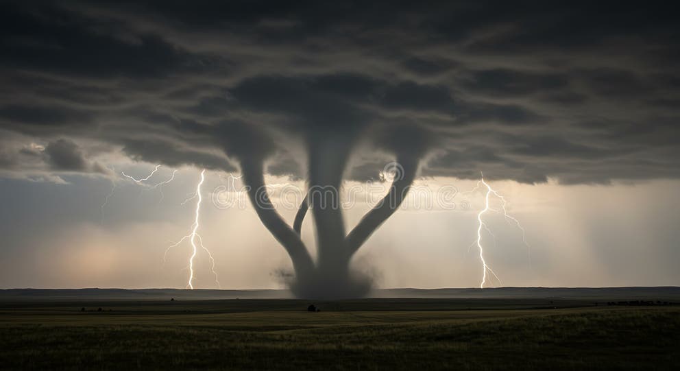 Multiple Tornadoes Touching Down during a Lightning Storm Stock ...