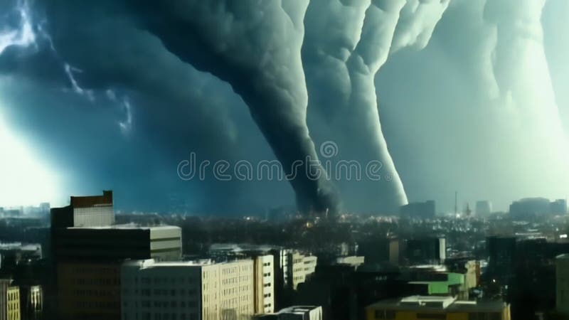 Multiple Tornadoes Touching Down in an Urban Area, Creating a Dramatic ...