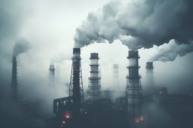 Smokestacks Emitting Pollution in Industrial Scene Stock Photo - Image ...