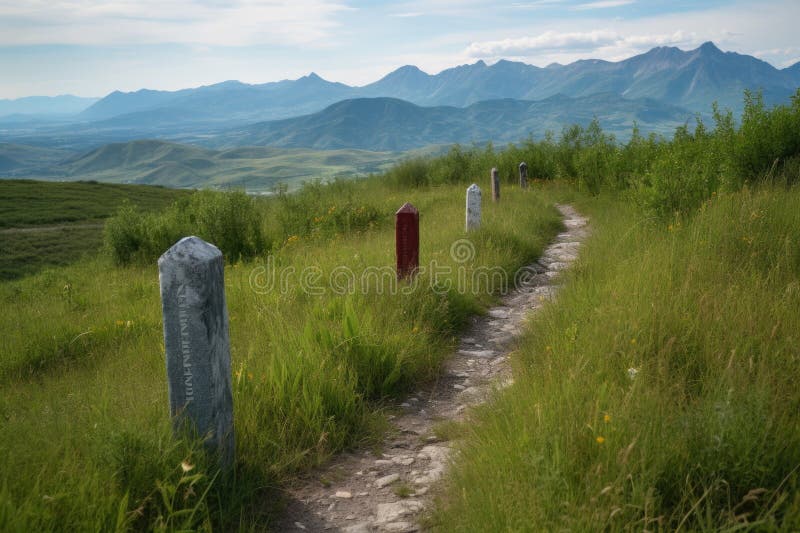 Multiple Trail Markers on a Long Hiking Path, with the View of ...
