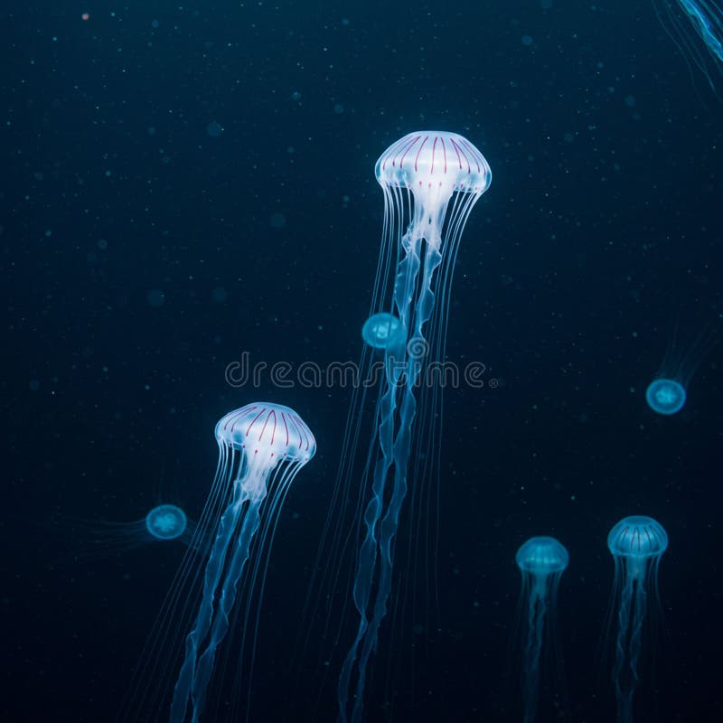 Multiple Translucent Jellyfish with Elongated Tentacles Drift in a Deep ...