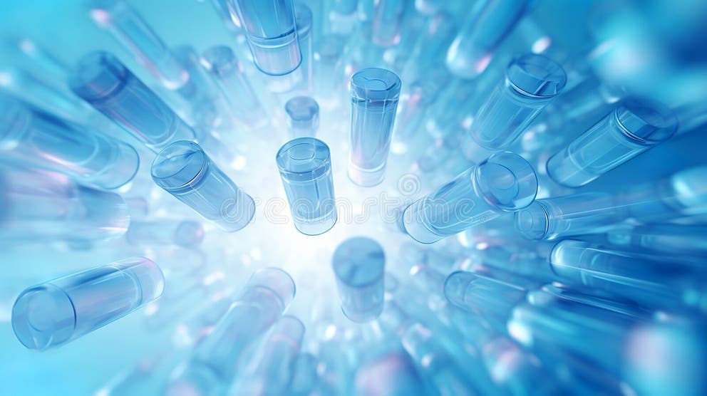 Multiple Transparent Blue Cylindrical Vials in Different Orientations ...