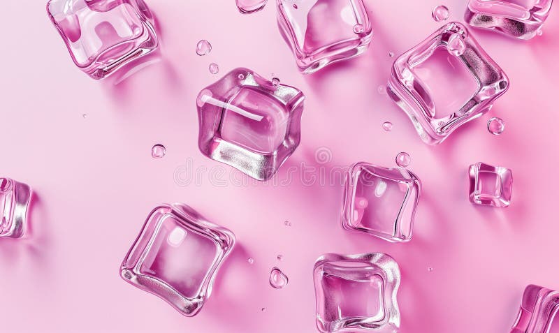 Multiple Transparent Ice Cubes Scattered on a Reflective Pink Surface ...