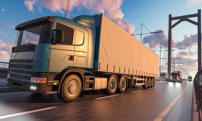 Multiple Trucks in Motion Across the Bridge Stock Illustration ...