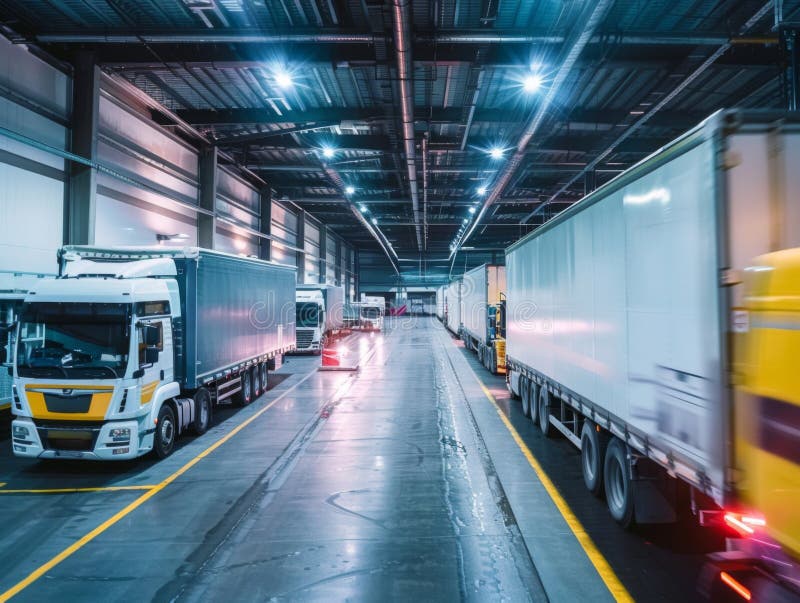Multiple Trucks Parked and Moving Inside a Modern, Well-lit Logistics ...