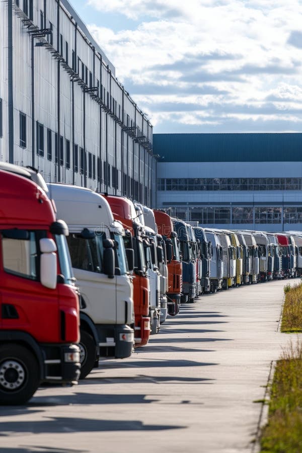 Multiple Trucks are Parked Neatly in Front of a Contemporary Warehouse ...