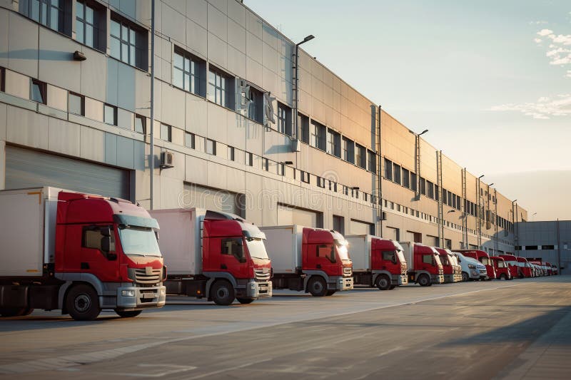 Multiple Trucks and Vans are Lined Up Outside a Warehouse, Ready for ...