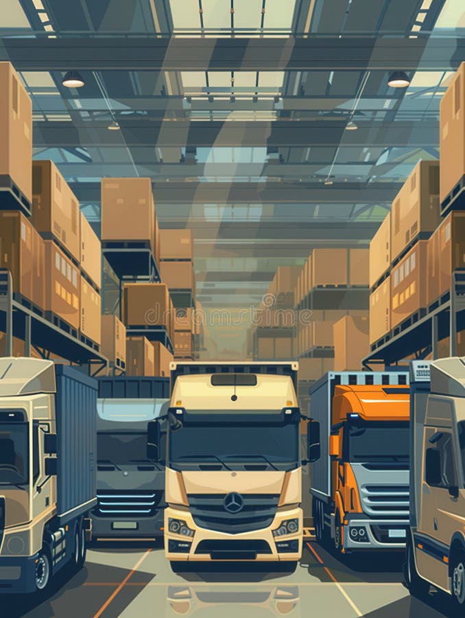 Multiple Trucks and Vans are Parked Inside a Large Warehouse, Prepared ...