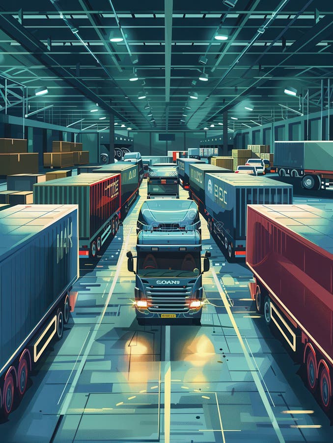 Multiple Trucks and Vans are Parked Inside a Warehouse, Preparing for ...