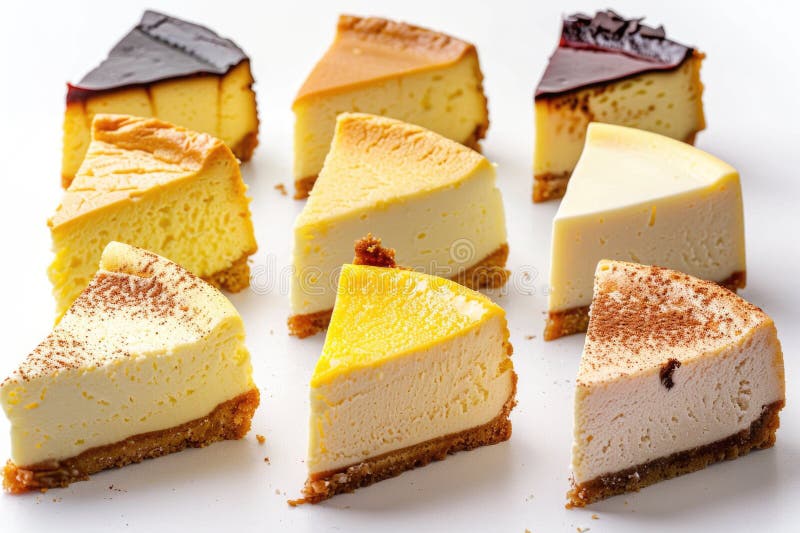 Multiple Types of Cheesecakes Displayed on a White Background, Perfect ...