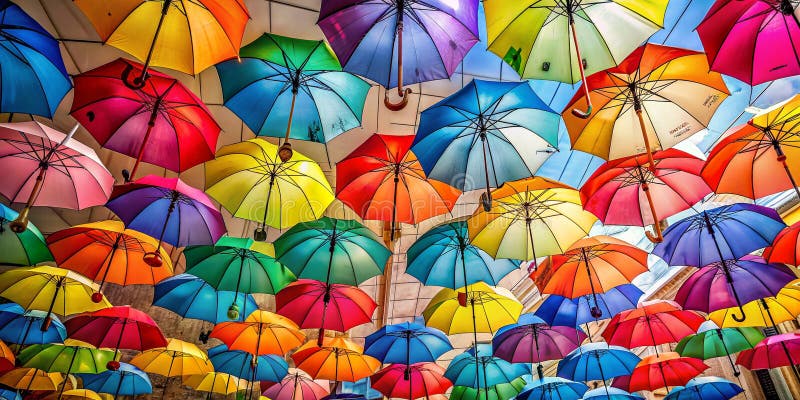 Multiple Umbrellas in Different Colors and Sizes Overhead Creating a ...