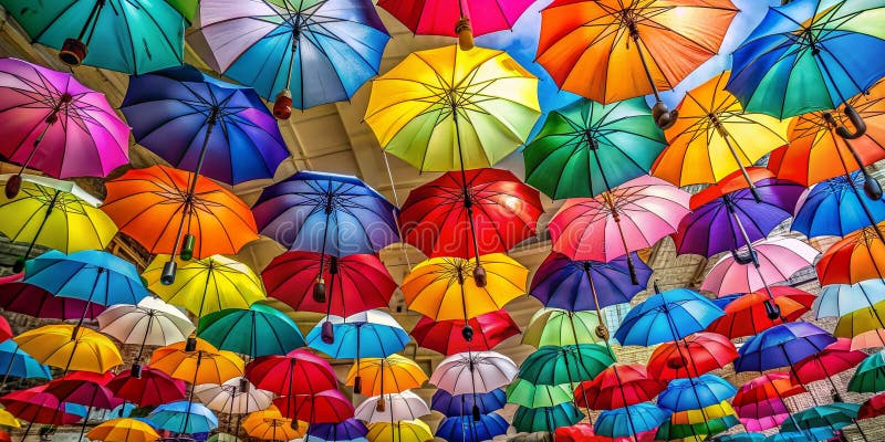 Multiple Umbrellas in Different Colors and Sizes Overhead Creating a ...