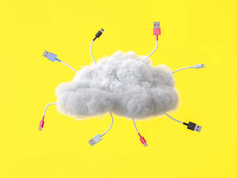 Multiple Usb Cables Connecting To a Cloud on Yellow Background Stock ...