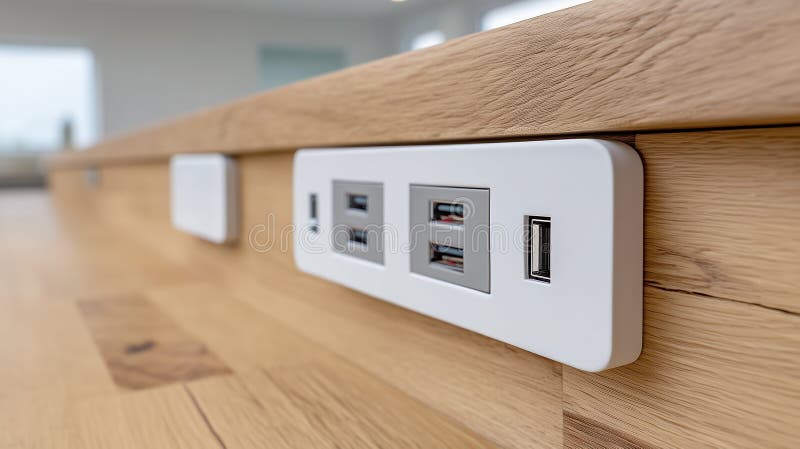 Multiple USB Wall Sockets in Wooden Panel. Smart Charging Station in ...