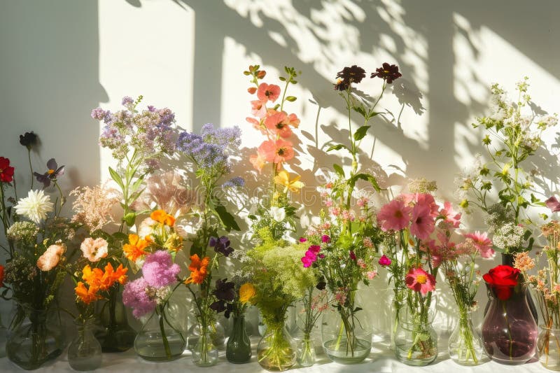 Multiple Vases Filled with a Variety of Flowers Arranged Together on a ...
