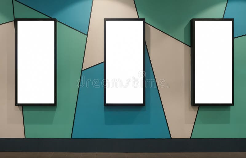Multiple Vertical Advertising Blank Mockups on Patterned Wall. Indoors ...