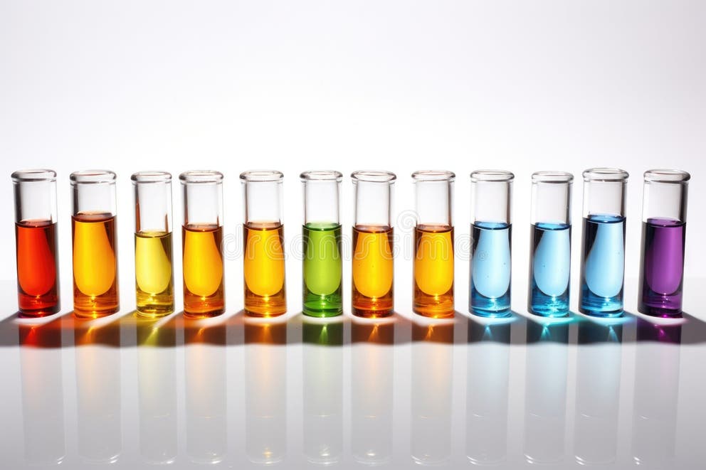 Multiple Vials with a Colorful Liquid Setup Diagonally Across a White ...