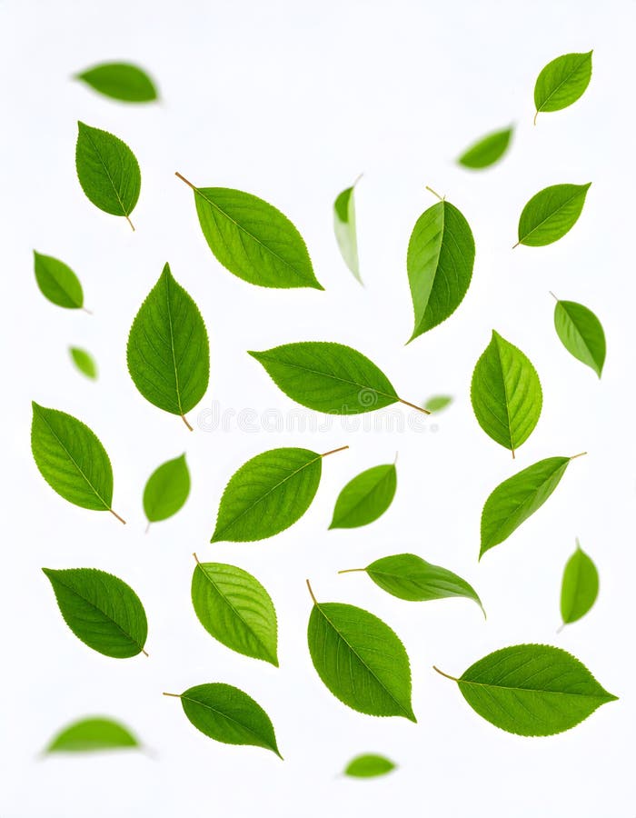 Multiple Vibrant Green Leaves Appear To Float or Fall Randomly Against ...