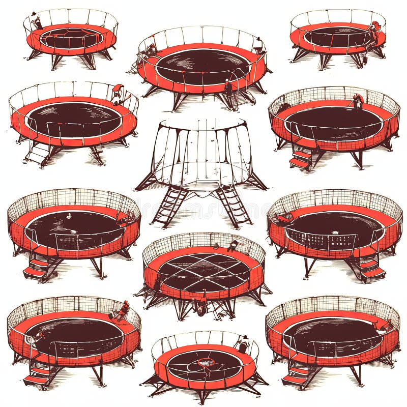 Multiple Views of Red and Black Trampolines with Safety Nets and ...