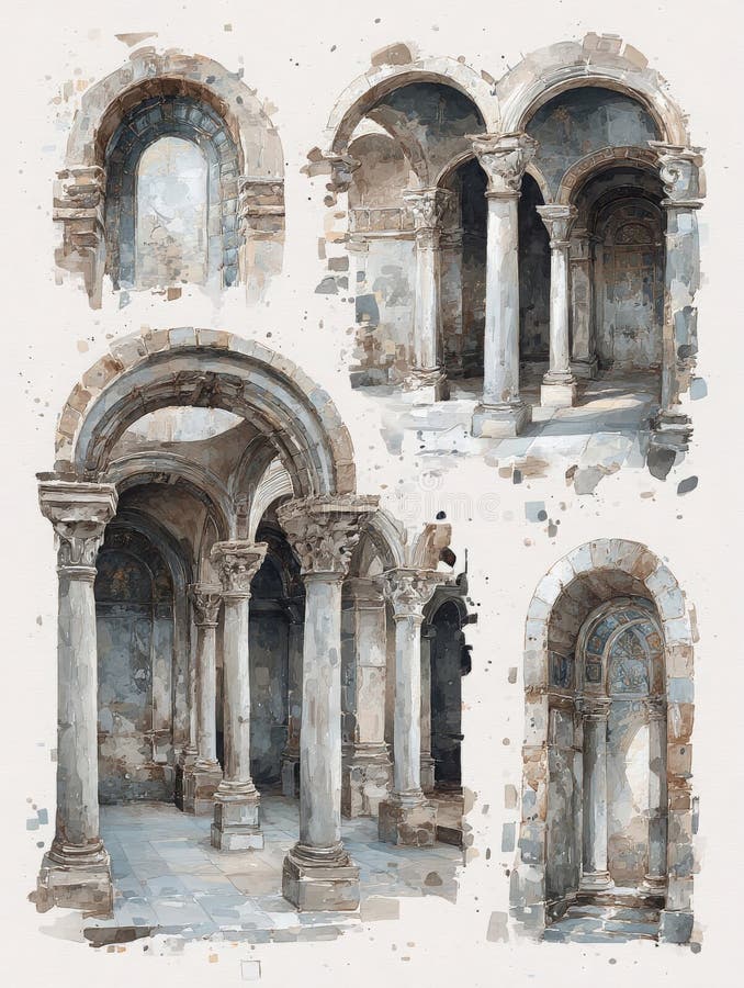 Architectural Designs of Old Stone Arches and Columns in a Historic ...