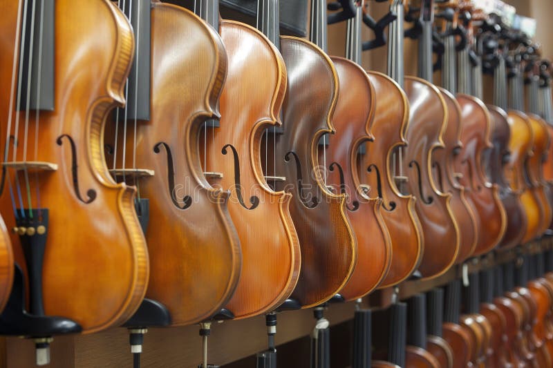 Multiple Violins and a Viola are Hanging Neatly on a Wall in a Row ...
