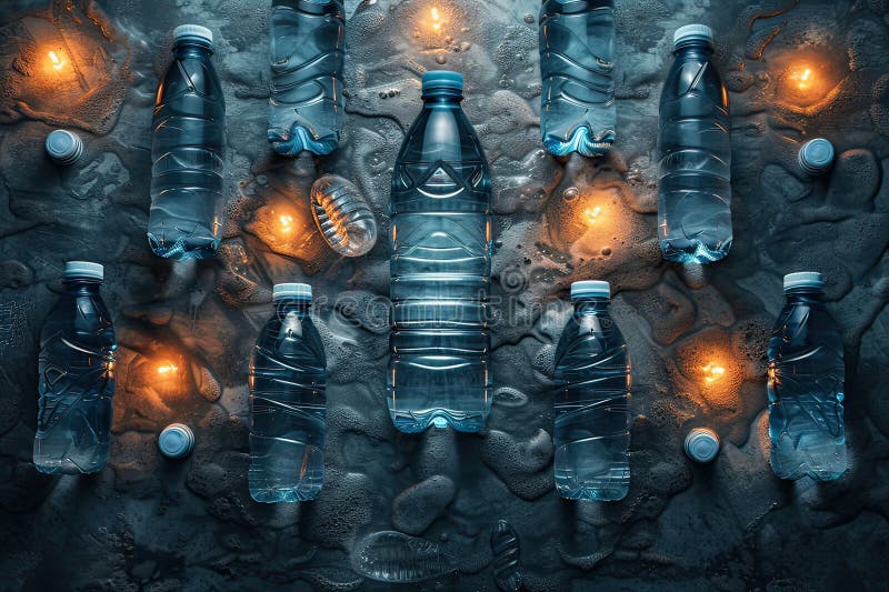 Multiple Water Bottles are Arranged in a Row on a Rough Terrain Stock ...