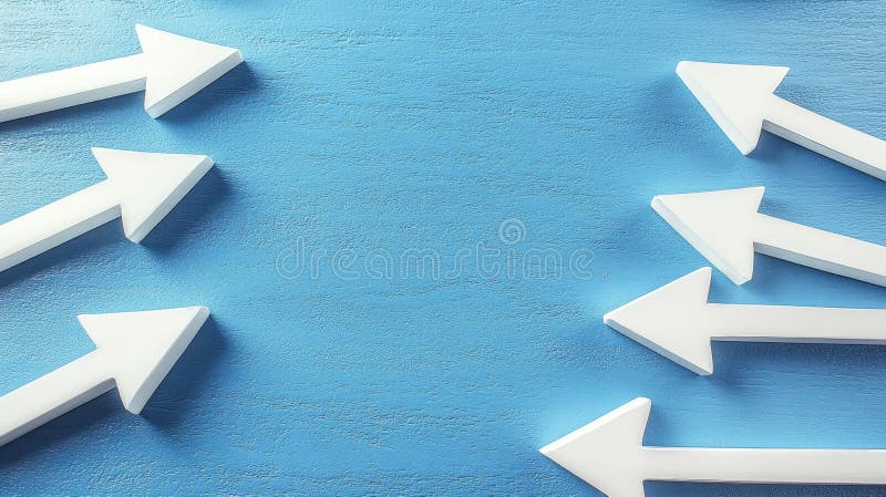 Multiple White 3D Arrows Pointing Inwards on a Blue Textured Background ...