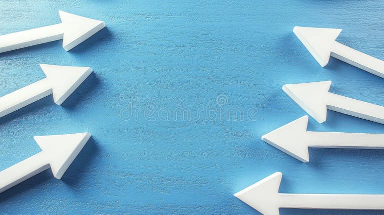 Multiple White 3D Arrows Pointing Inwards on a Blue Textured Background ...