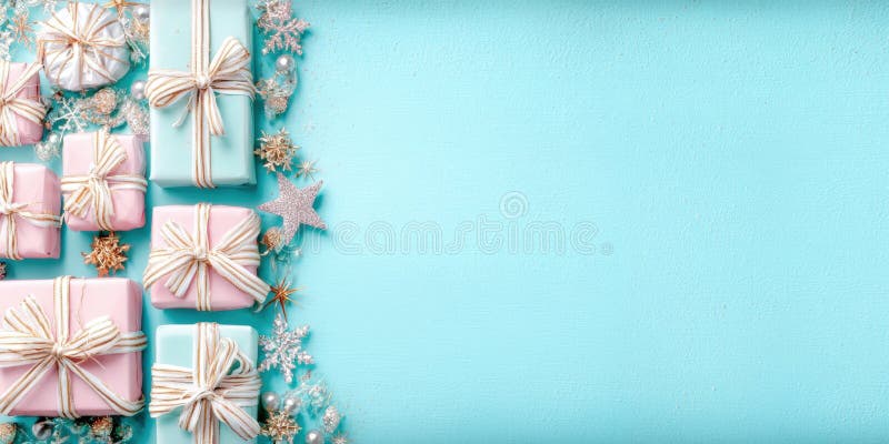 Multiple White Gift Boxes with Pink Bows Arranged on a Solid Blue ...