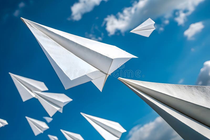 Multiple White Paper Airplanes Soaring through Bright Blue Sky Stock ...