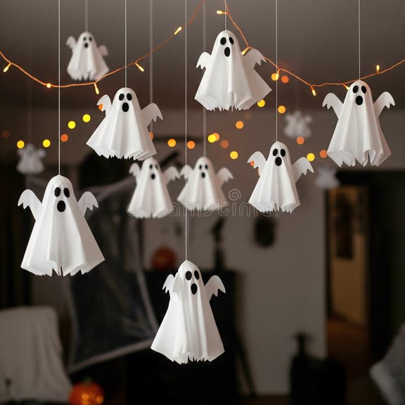 A Spooky Haunted Hallway with Hanging Paper Ghosts. Stock Illustration ...