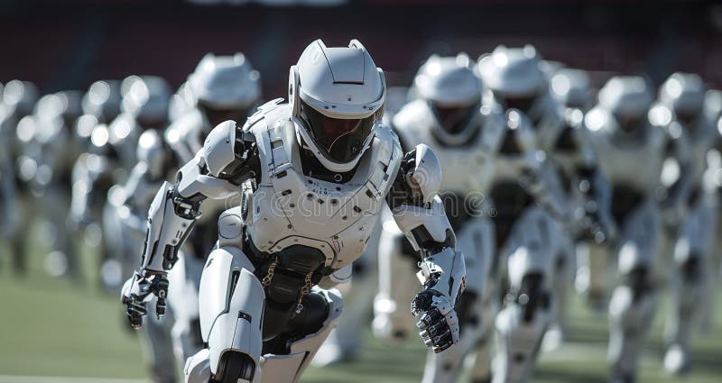 Group of White Robots Running on Field Stock Image - Image of machine ...