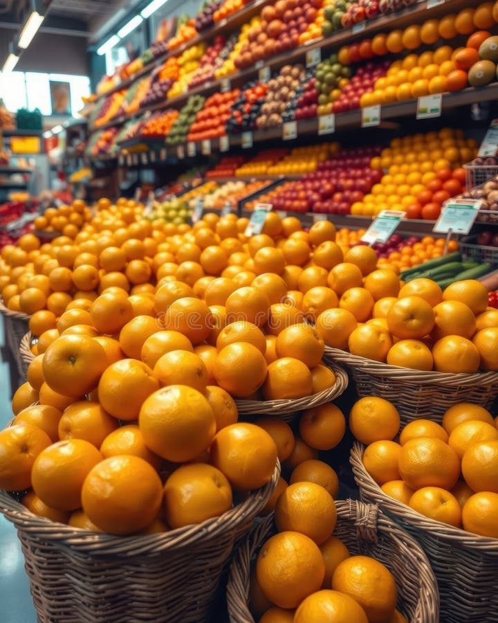 Multiple Wicker Baskets of Oranges in a Grocery Store Stock ...