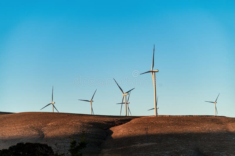 Multiple Wind Turbines Standing on a Hill at Sunrise and Generating ...