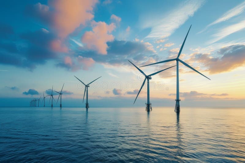 Multiple Wind Turbines Standing in a Row in the Ocean, Harnessing Wind ...