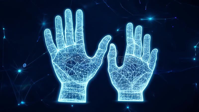 Multiple Wireframe Hands in a Symmetrical Pose with Blue Lighting ...