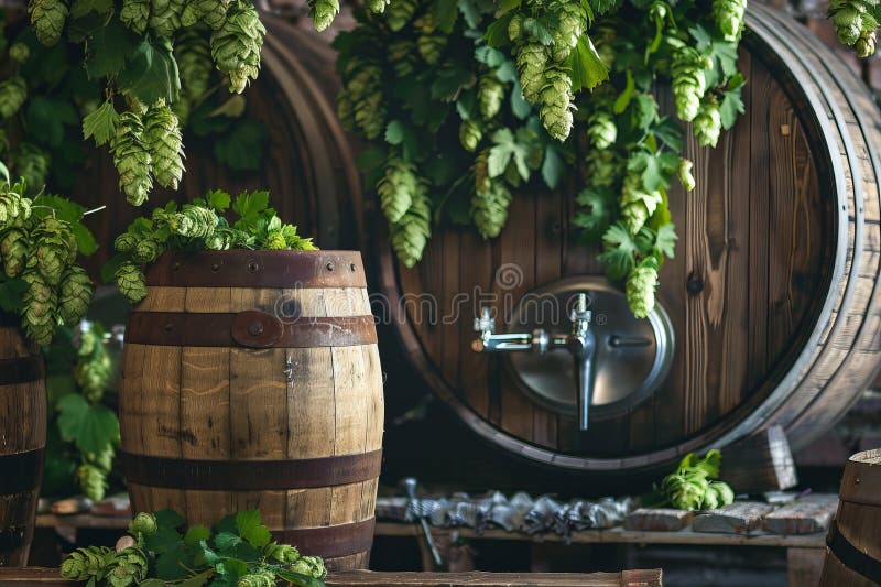 Multiple Wooden Barrels with Hops in a Vintage Brewery Stock Image ...