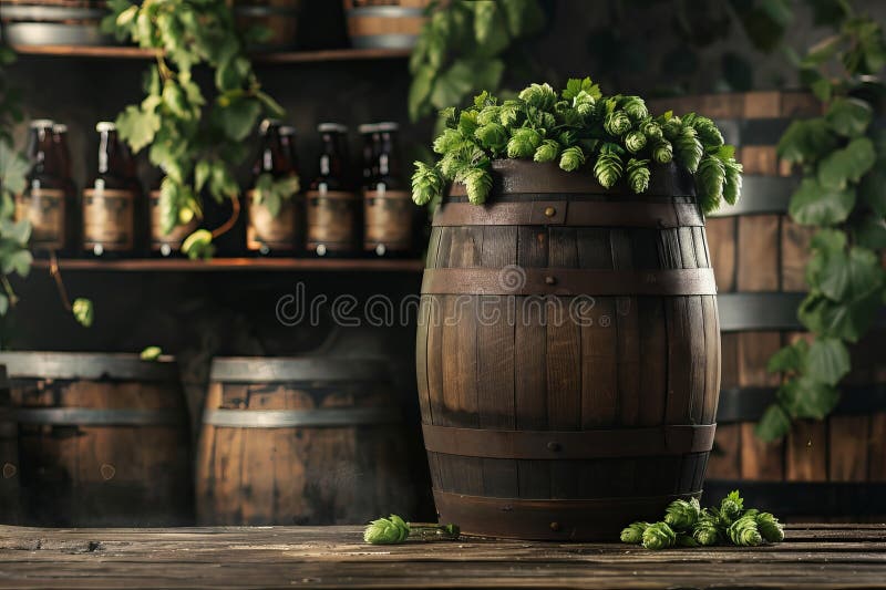 Multiple Wooden Barrels with Hops in a Vintage Brewery Stock Photo ...