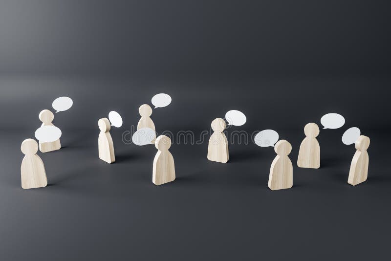 Multiple Wooden Figures with Speech Clouds on a Dark Background. Social ...