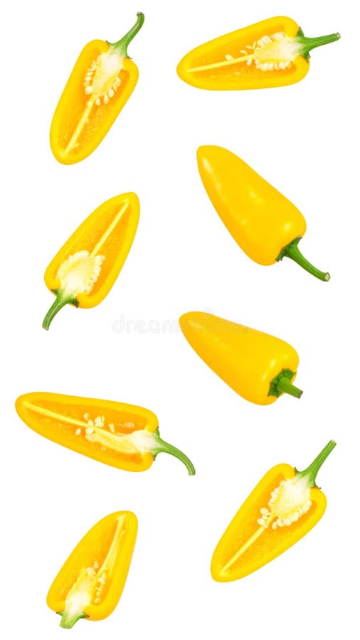 Multiple Yellow Chili Halves Falling with Transparent Background Stock ...