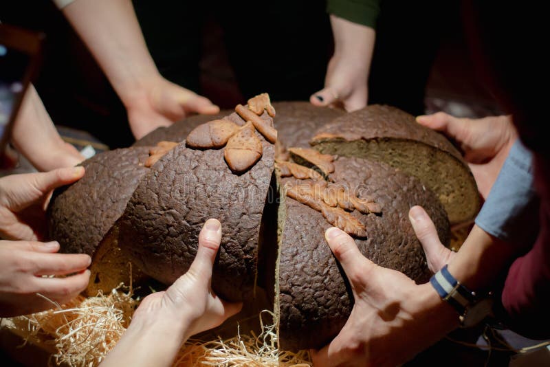 Multiple Young Hands Share Brown Round Bread Stock Photo - Image of ...