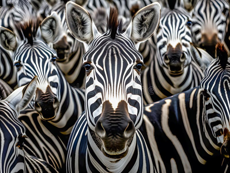 Multiple Zebra Face only Packed Together and Straight Look the Same Way ...