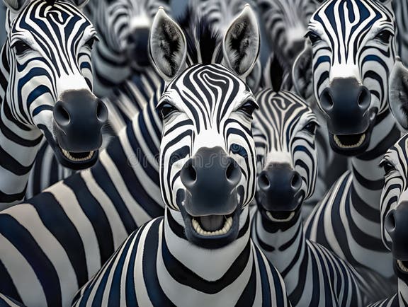 Multiple Zebra Face only Packed Together and Straight Look the Same Way ...
