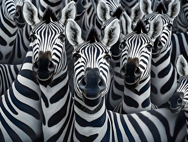 Multiple Zebra Face only Packed Together and Straight Look the Same Way ...