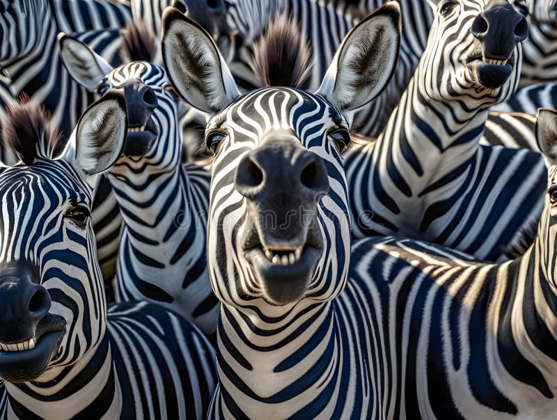 Multiple Zebra Face only Packed Together and Straight Look the Same Way ...