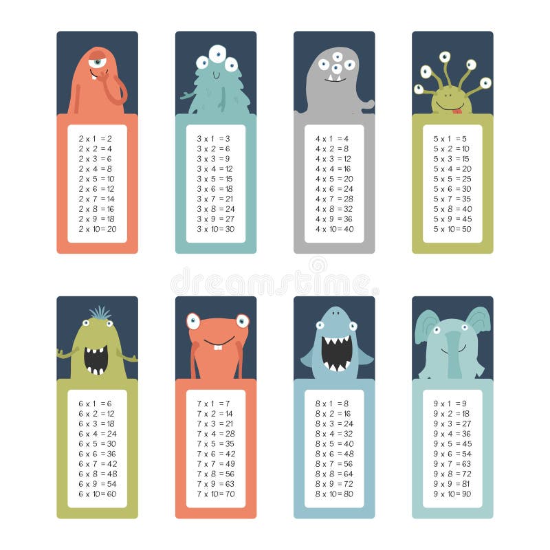 Multiplication Table with Cute Monsters, Cartoon Monster Bookmarks ...